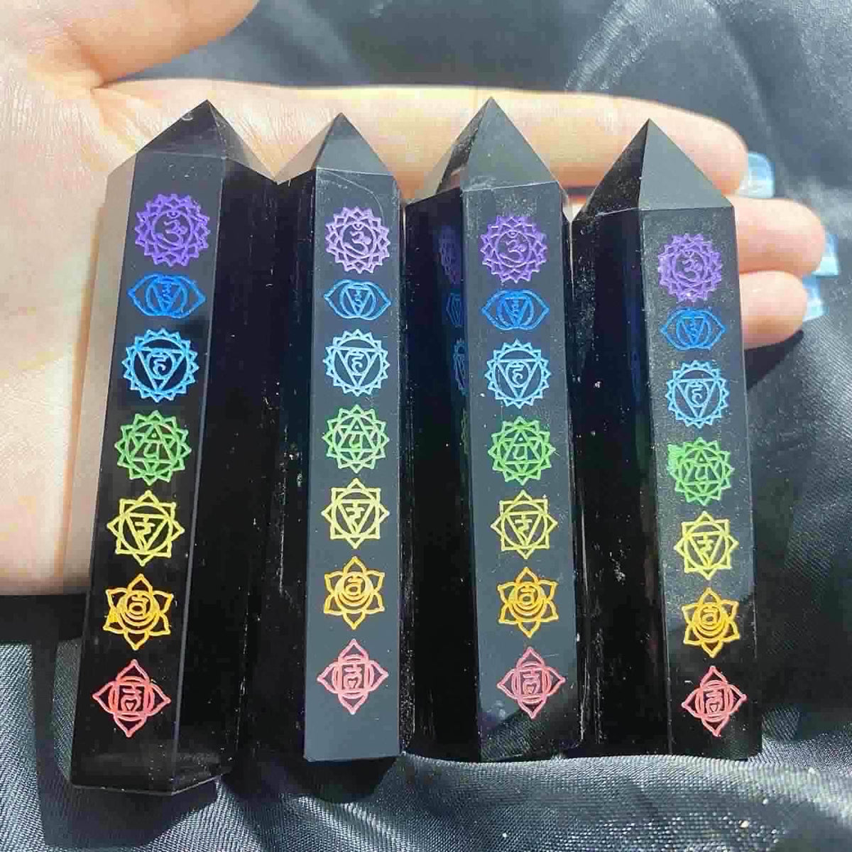 Black Obsidian Tower with Seven Chakra Design – Kenna Crystal